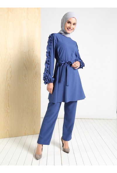 Kolları Fırfırlı Tunik&pantolon Ikili Takım - Indigo - Tavin Kolları Fırfırlı Tunik&pantolon Ikili Takım - Indigo - Tavin