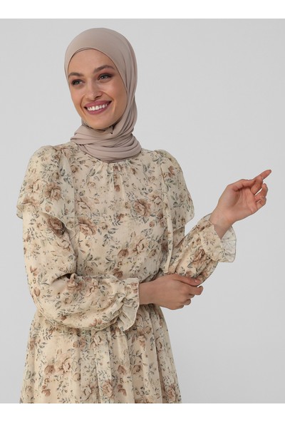 Volan Detaylı Çiçekli Şifon Elbise - Natural Çiçekli- Refka Woman