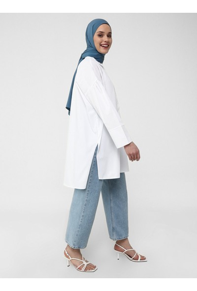 Kalın Manşetli Yanı Yırtmaçlı Salaş Poplin Tunik - Beyaz - Refka Casual Kalın Manşetli Yanı Yırtmaçlı Salaş Poplin Tunik - Beyaz - Refka Casual