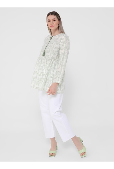 Alia Büyük Beden Püskül Detaylı Desenli Tunik - Su Yeşili Beyaz - Alia