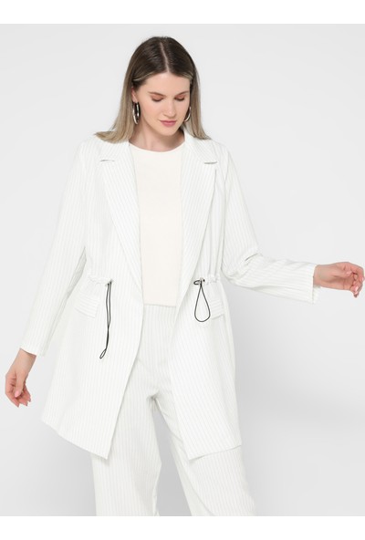 Alia Büyük Beden Dokulu Kendinden Çizgili Spor Ceket - Beyaz Siyah - Alia