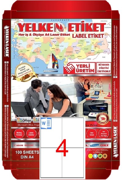 Yelken Laser Etiket YN5204 4'lü A4 Beyaz 105 x 148,5
