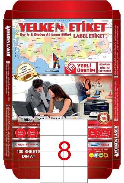 Yelken Laser Etiket YN5208 8'li A4 Beyaz 105 x 70