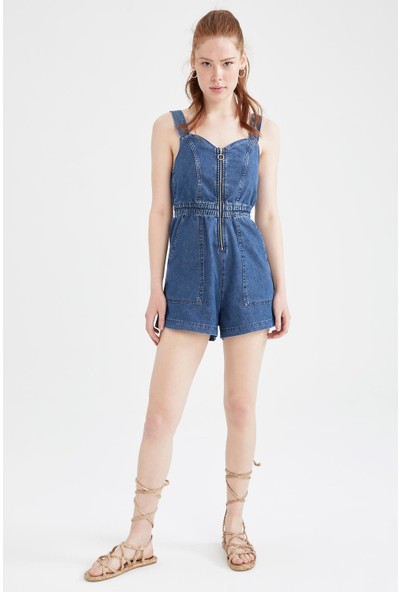 DeFacto Askılı Beli Lastikli Fermuar Detaylı Jean Şort Tulum U3033AZ21SM DeFacto Askılı Beli Lastikli Fermuar Detaylı Jean Şort Tulum U3033AZ21SM