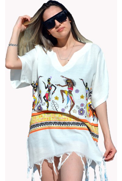 Esdense Afrika Danscıları Desen V Yaka Pareo Plaj Elbisesi Esdense Afrika Danscıları Desen V Yaka Pareo Plaj Elbisesi