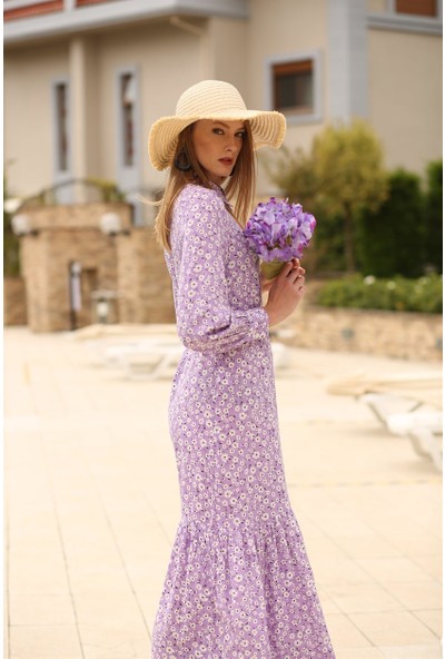 Önü Düğmeli Lila Uzun Elbise