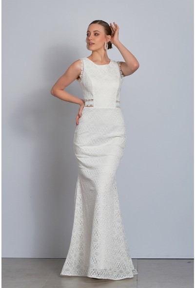 Dantelli Beyaz Balık Abiye Elbise