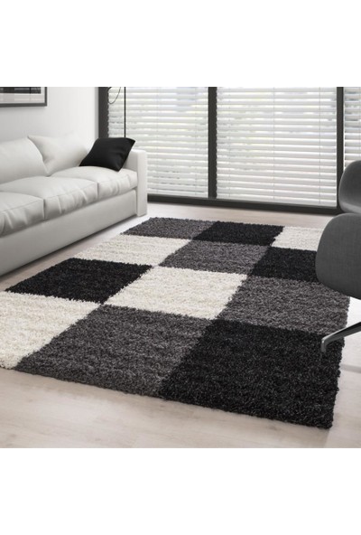 Ayyıldız Shaggy Halı 30 mm Hav Yüksekliği Kareli Desen Siyah Gri Beyaz