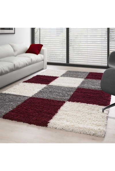 Ayyıldız Shaggy Halı 30 mm Hav Yüksekliği Kareli Desen Bordo Gri Beyaz