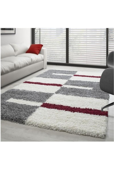 Ayyıldız Desenli Shaggy Halı Kareli ve Çizgili Motif 3 cm Hav Yüksekliği Gri Bordo Beyaz Renkli