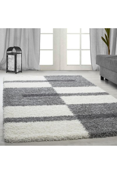 Ayyıldız Desenli Shaggy Halı Kareli ve Çizgili Motif 3 cm Hav Yüksekliği Gri Beyaz Renkli