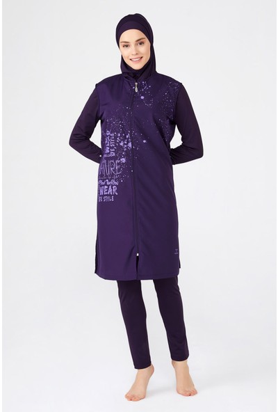 Tesmay Tam Kapalı Yelekli Bayan Tesettür Mayo 408-21 Mor