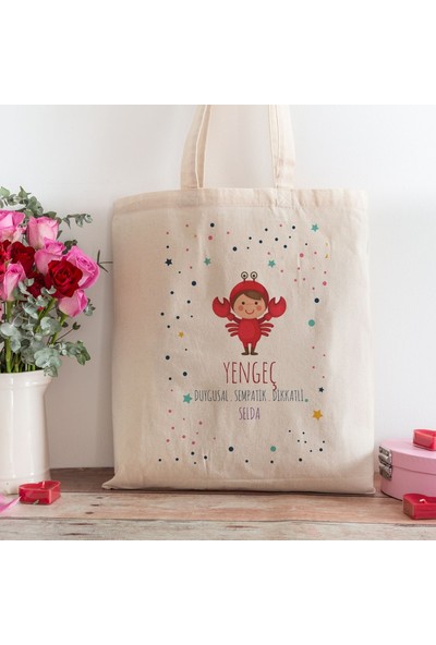 Kişiye Özel Yengeç Burcu Temalı Isimli Bez Çanta