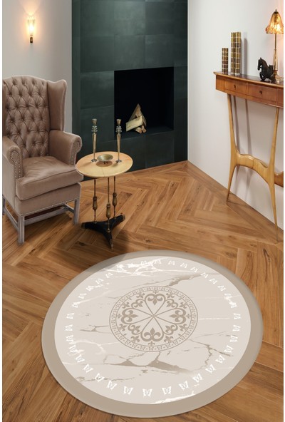 Rısse Kelebek Desenli Süt Kahve Dijital Baskılı Kaymaz Taban Yıkanabilir Yuvarlak Salon Halısı