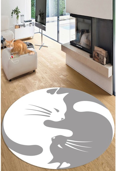 Rısse Dijital Baskılı Kaymaz Taban Yıkanabilir Kedi Desenli Gri Beyaz Yuvarlak Salon Halısı