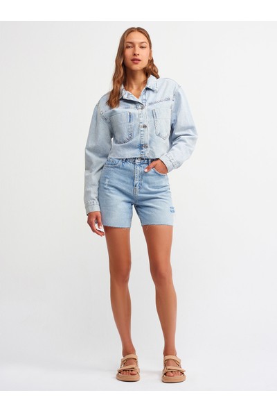 Dilvin 4435 Dikişsiz Yanı Lazerli Şort-Mavi