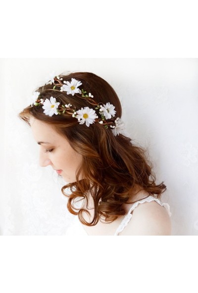 Bba New Trend Çiçekli Beyaz Papatya Taç,gelin Papatya Çiftli Taç