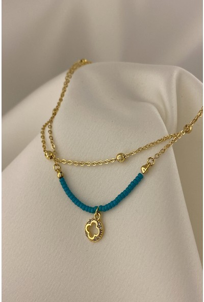 Mooni Accessories Van Cleef Yonca Model Zirkon Taşlı Mavi Boncuklu Altın Kaplama Halhal Mooni Accessories Van Cleef Yonca Model Zirkon Taşlı Mavi Boncuklu Altın Kaplama Halhal