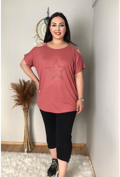 Tarzım Süper Kadın Büyük Beden Kısa Kollu Zincir ve Yıldız Detaylı Gül Kurusu Tişört Tarzım Süper Kadın Büyük Beden Kısa Kollu Zincir ve Yıldız Detaylı Gül Kurusu Tişört