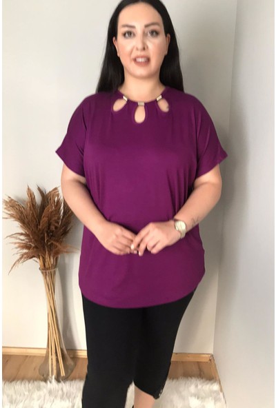 Tarzım Süper Kadın Büyük Beden Kısa Kollu Yaka Detaylı Mor Tişört