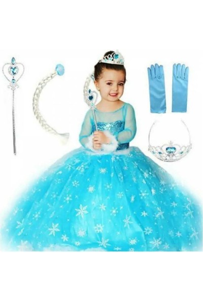 Peonia Kids Peoniakids Kız Çocuk Mavi Frozen Elsa Kostümü - Sim Dökülmeyen Ful Aksesuarlı Elsa Çocuk Kostüm