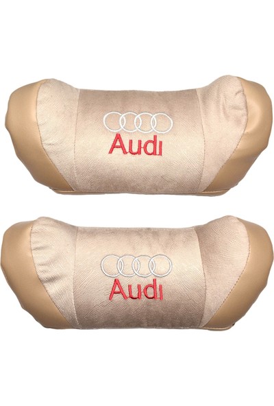 Trend Garaj Audi Bej Boyun Yastığı 2'li Nakış-Deri-Kumaş