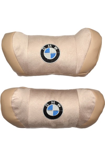 Trend Garaj Bmw Bej Boyun Yastığı 2'li Nakış-Deri-Kumaş