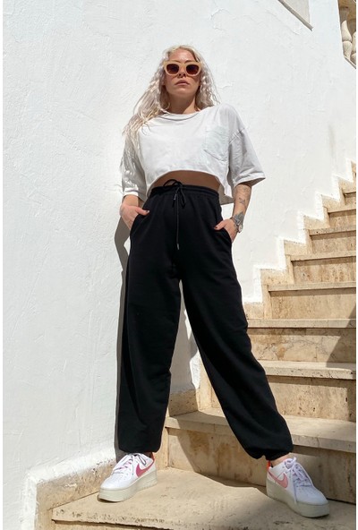 Huq Moda Kadın Paçası Lastikli Siyah Diasip Kumaş Eşofman Altı