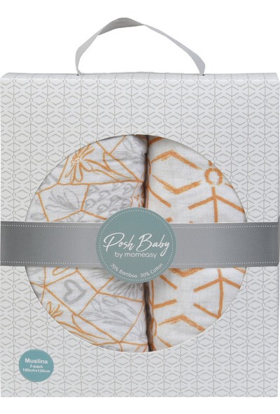 Posh Baby Müslin Bez 100X120CM 2'li Gri Çiçek/hardal Geo