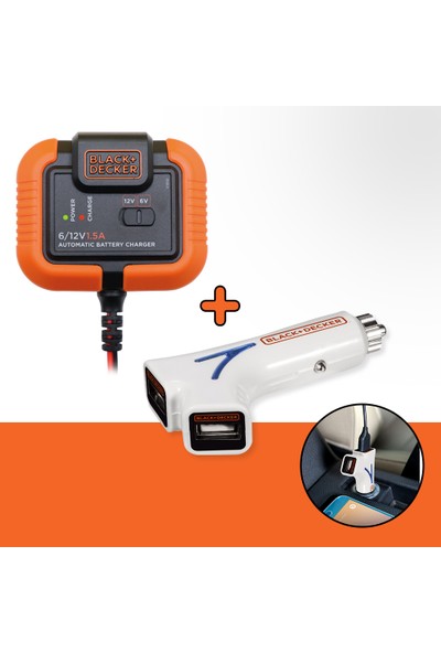 Black+Decker BXA21USB 6V/12V 72A Akıllı Akü Şarj ve Akü Bakım Cihazı + PIUSB2BE 3.1 Amper Çift Çıkışlı USB Araç Şarj Cihazı Black+Decker BXA21USB 6V/12V 72A Akıllı Akü Şarj ve Akü Bakım Cihazı + PIUSB2BE 3.1 Amper Çift Çıkışlı USB Araç Şarj Cihazı