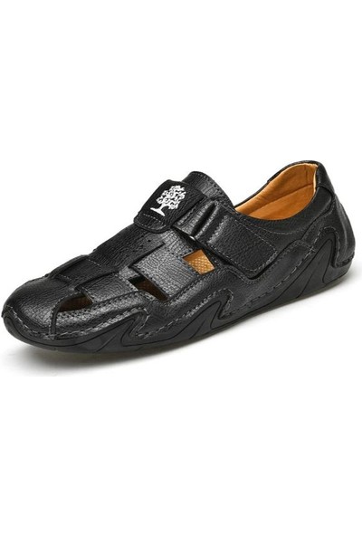 Menico Dokuma Stil Kanca Döngü El Dikiş Deri Sandalet - Siyah (Yurt Dışından)