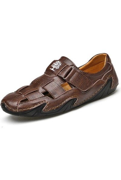 Menico Dokuma Stil Kanca Döngü El Dikiş Deri Sandalet - Koyu Kahverengi (Yurt Dışından)