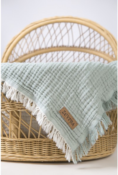 Zeypba Çift Taraflı Yeşil-Ekru 4 Katlı Müslin 110*120CM (Yeni Koleksiyon)