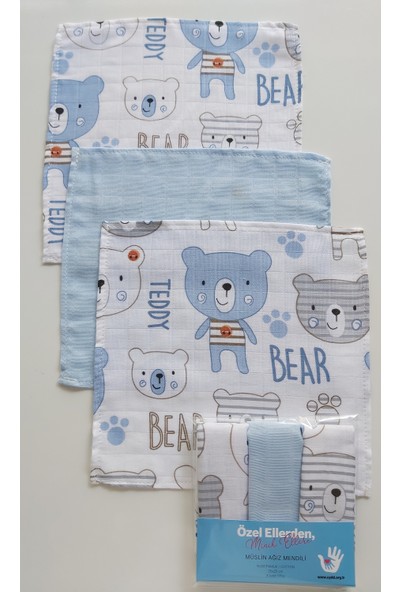 Özel Ellerden Minik Ellere Mavi Ayıcıklı 3'lü Ağız Mendili