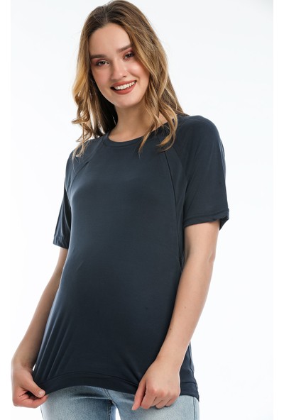 Perla Blanca Gece Mavisi Modal Kumaş Emzirme Özellikli Hamile Tişörtü