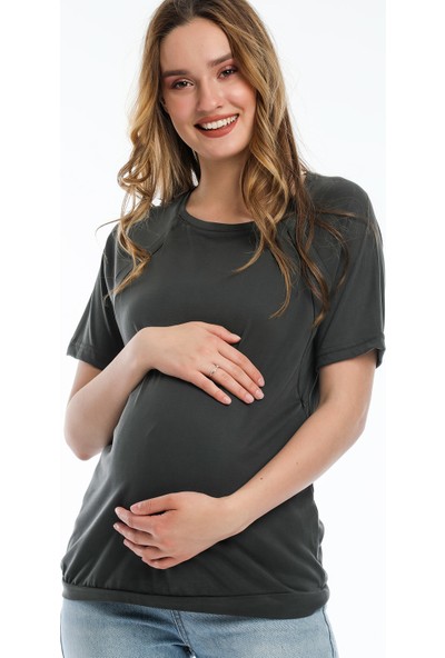 Perla Blanca Antrasit Emzirme Özellikli Modal Hamile Tişörtü
