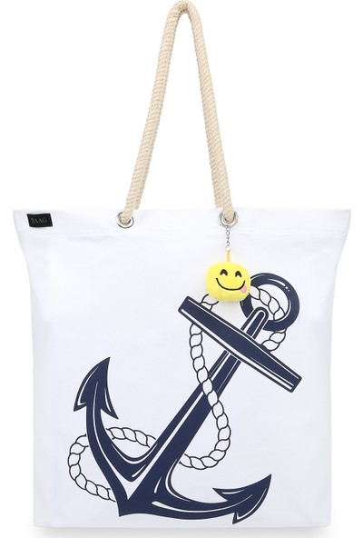 Baag Istanbul Tasarım Çapa Baskılı Halat Kordonlu Pamuklu Büyük Boy Kadın Plaj Çantası