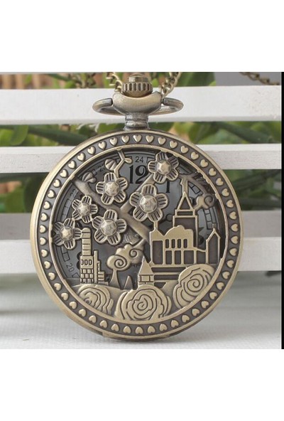 Hediyesahibi Çiçek Görünümlü Büyük Boy Köstekli Saat Kolye