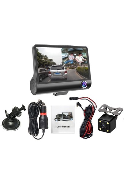 Alfaben Kıngboss SL-D218 4 Inç 3 Kameralı Araç Içi Kamera (Ön Arka Araç Içi) 1080P Fhd Kayıt Kamerası