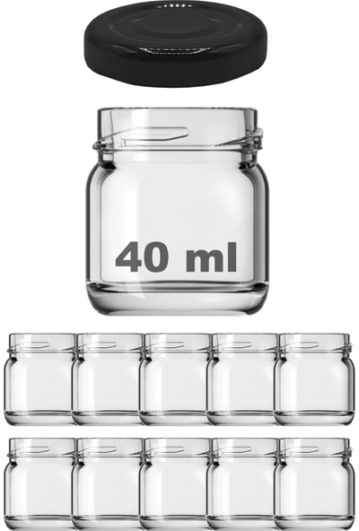 Afracam 40 ml Metal Siyah Kapaklı Şeffaf Cam Kavanoz 10 Adet