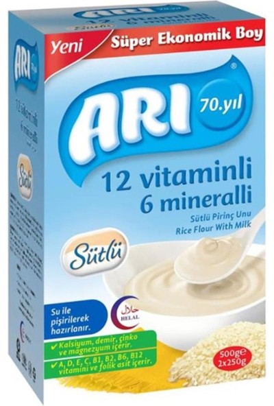 Arı 12 Vitaminli 6 Mineralli Sütlü Pirinç Unu Bebek Maması 500 gr Arı 12 Vitaminli 6 Mineralli Sütlü Pirinç Unu Bebek Maması 500 gr