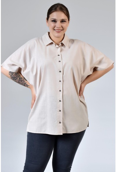 Kadın Bej Rengi Büyük Beden Düğmeli Gömlek 1Y5400BD