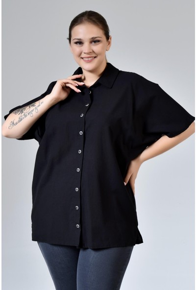 Kadın Siyah Renk Büyük Beden Düğmeli Gömlek 1Y5400BD