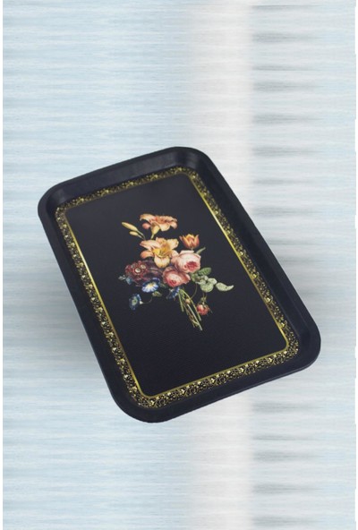 Zucci Buket Desenli Siyah Dikdörtgen Tepsi 21 x 31 cm