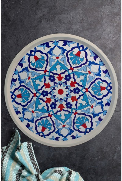 Zucci Çini Desenli Beyaz Yuvarlak Tepsi