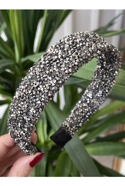 Doinua Kadın Taç Saç Bandı - Candy Konik Taşlı Kadın Tacı - Antrasit