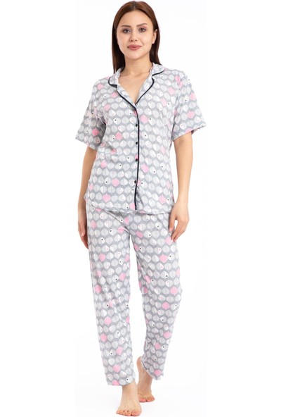 Pemilo Kadın 6417 Önden Düğmeli Kısa Kol Pijama Takım Gri