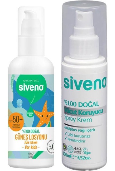 Siveno %100 Doğal Çocuklar Için Güneş Losyonu 50+ Spf 100 ml +Vücut Koruyucu Sprey Krem 100 ml Siveno %100 Doğal Çocuklar Için Güneş Losyonu 50+ Spf 100 ml +Vücut Koruyucu Sprey Krem 100 ml