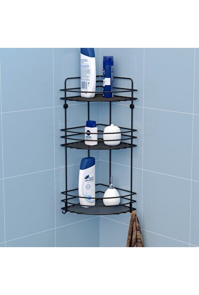 Teknotel Üç Katlı Kancalı Maxi Boy Banyo Köşe Rafı Mat Siyah BK053H Teknotel Üç Katlı Kancalı Maxi Boy Banyo Köşe Rafı Mat Siyah BK053H