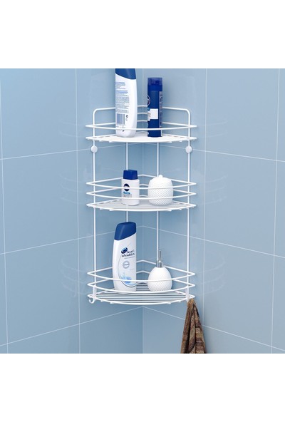 Teknotel Üç Katlı Kancalı Maxi Boy Banyo Köşe Rafı Beyaz BK053H Teknotel Üç Katlı Kancalı Maxi Boy Banyo Köşe Rafı Beyaz BK053H